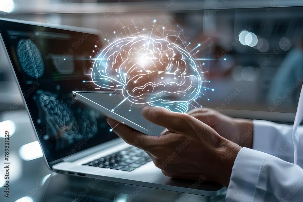 ai digital brain circuit with person prompting on laptop for machine ...