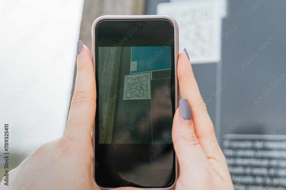 Detail of the screen scanning a QR code of an information panel on a hiking route Stock Photo ...