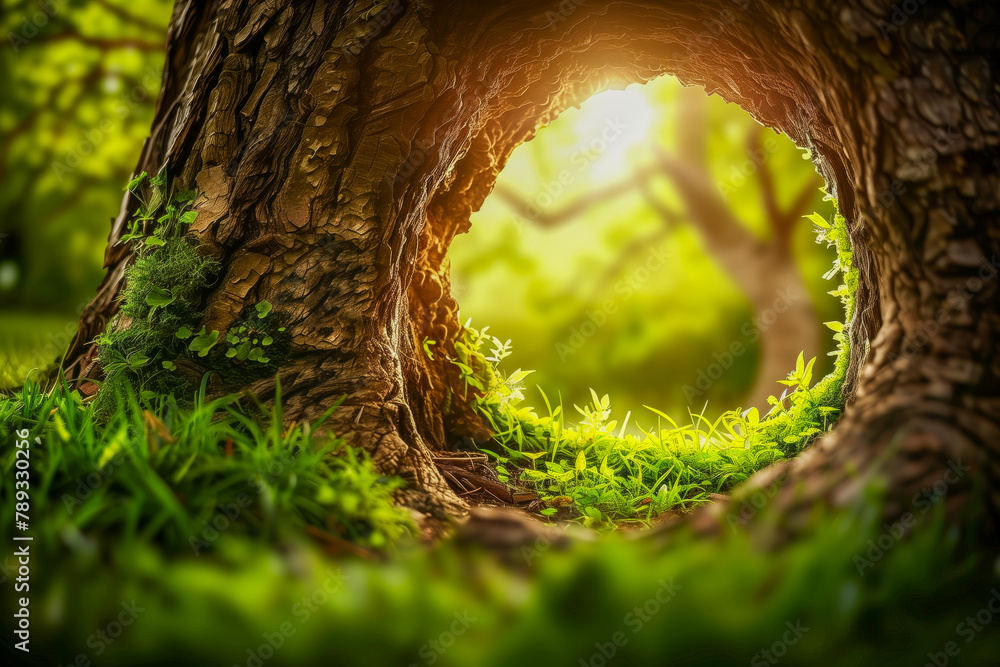 Hollow tree trunk with hole to enter inside. Large opening at the base ...