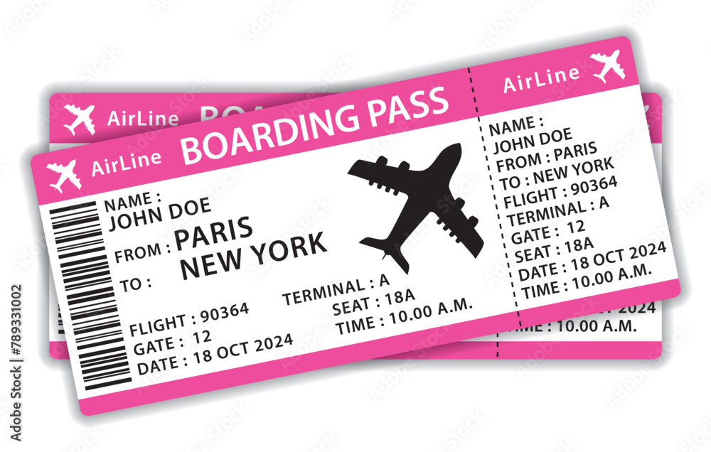 Beautiful boarding passes. Two pink flat design airplane tickets. Hand ...