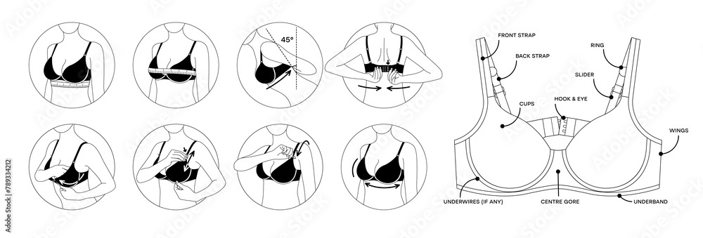 How to put a bra on correctly icons. Modern vector infographic in black ...