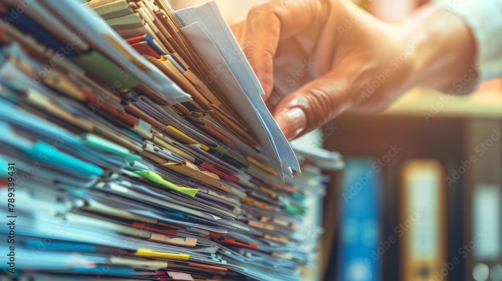 A close-up of a hand reaching for a specific document from a ...