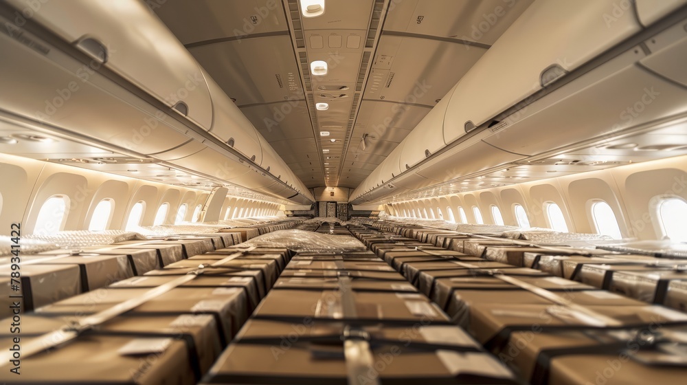 Airplane cargo hold filled with neatly stacked packages and parcels ...