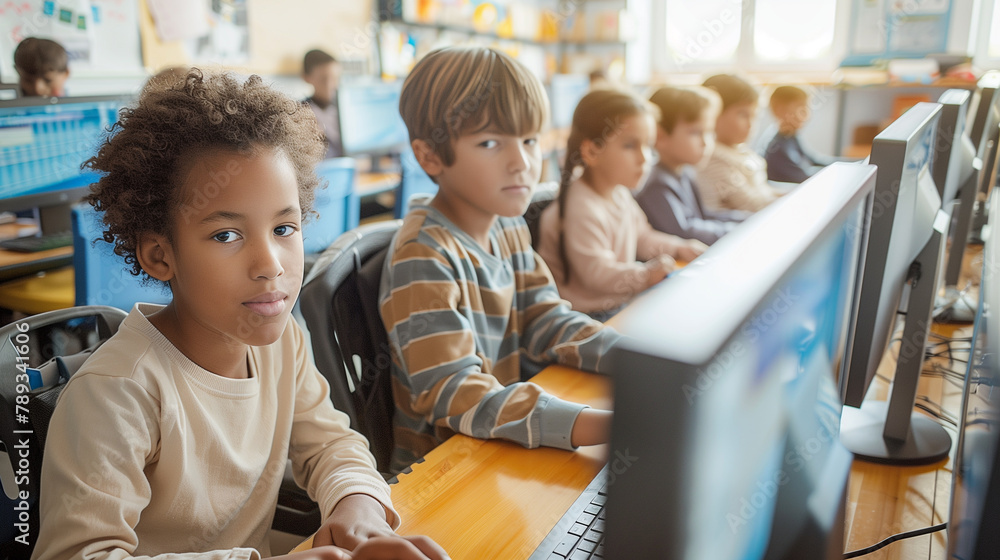 Elementary School Computer Science Classroom: Diverse Group of Little ...