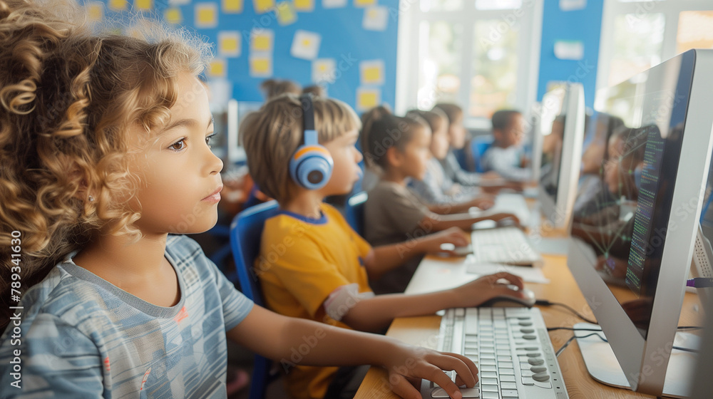 Elementary School Computer Science Classroom: Diverse Group of Little ...