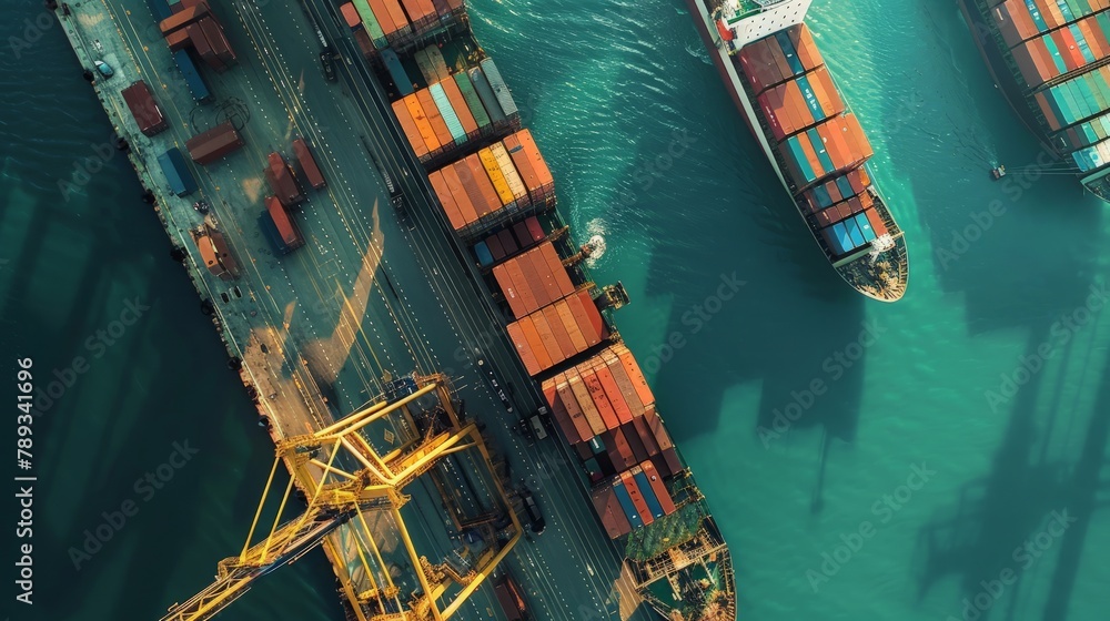 Cargo containers being loaded onto a freight ship at a bustling seaport ...