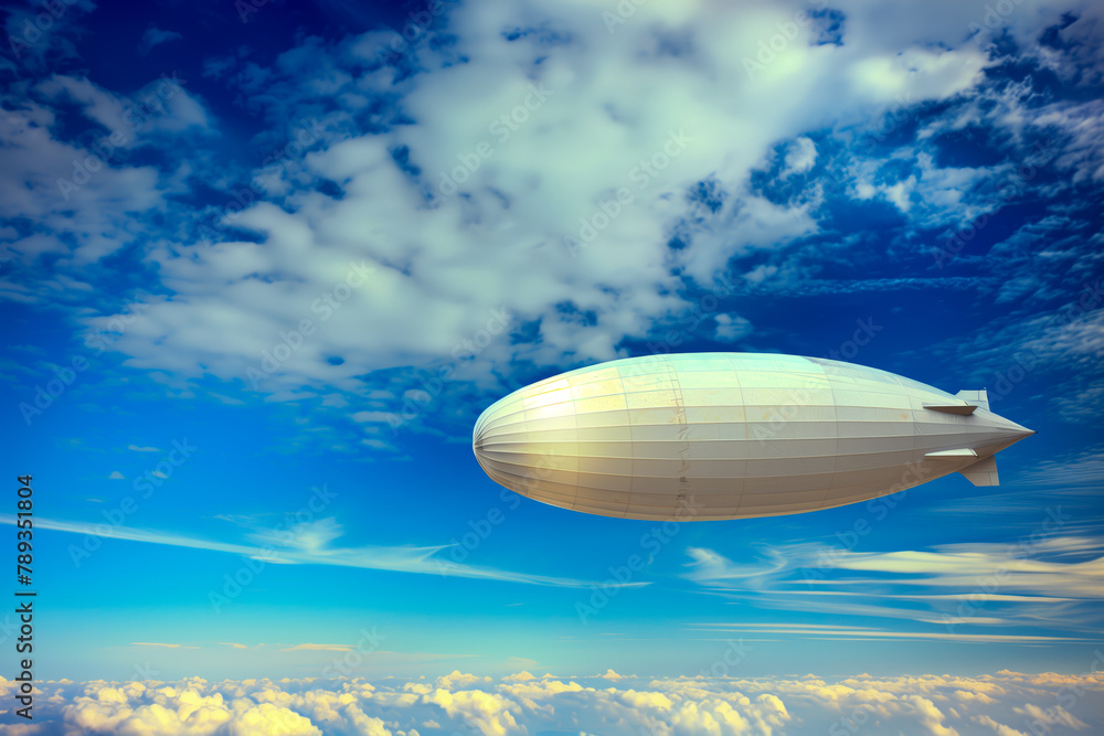 A white blimp without any markings, a blank canvas or banner space with ...