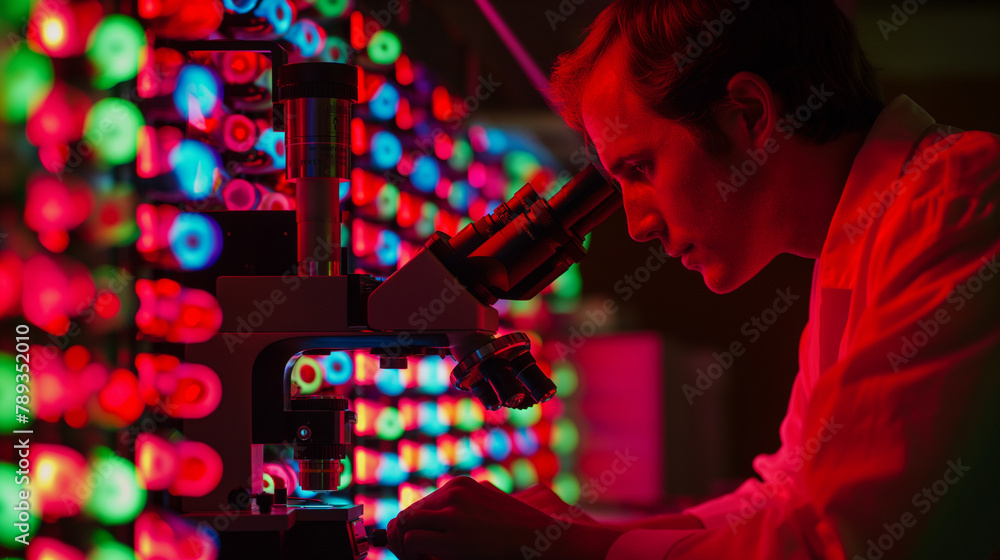 Under dim red light, a technician peers through a microscope, adjusting ...