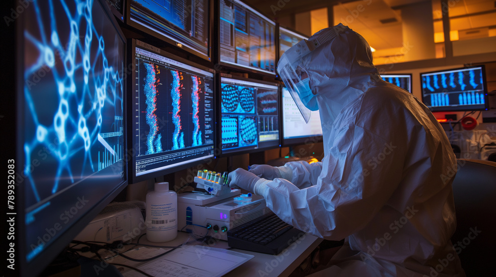 Surrounded by monitors displaying complex genetic data, a researcher in ...