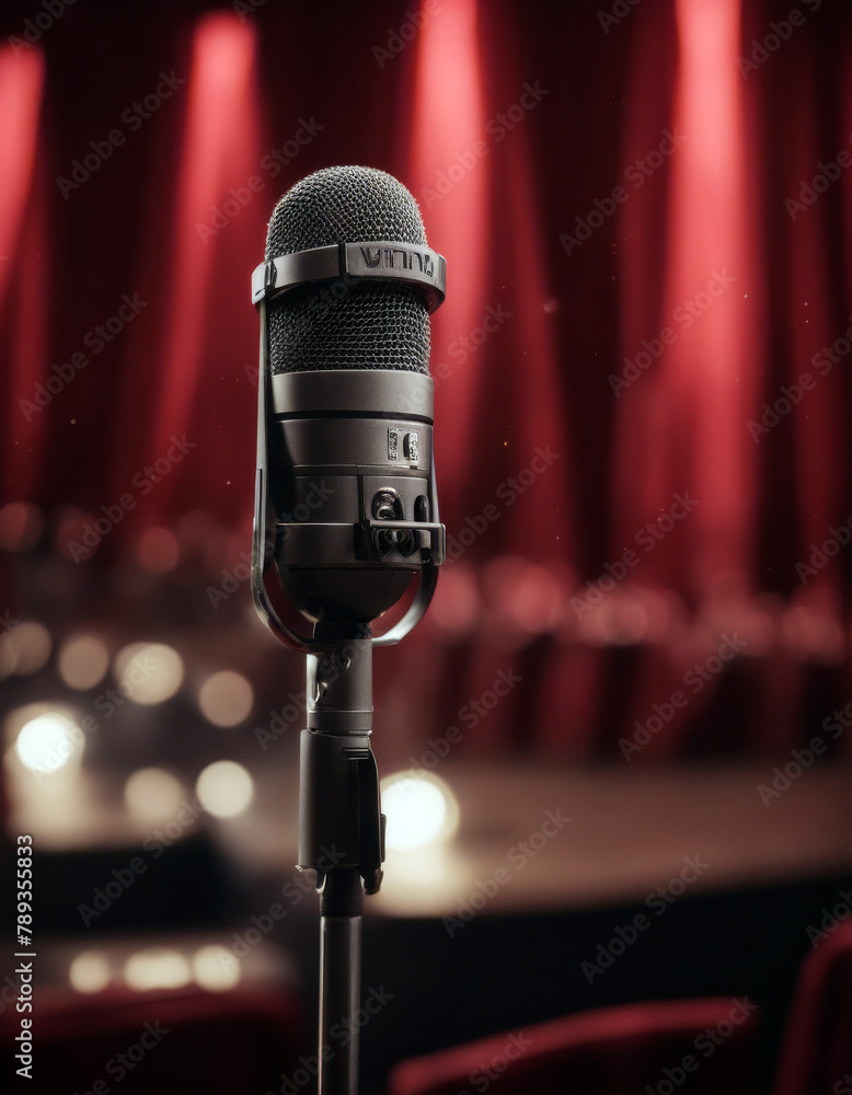 stage curtain red theatre empty Vintage metal microphone club brick ...