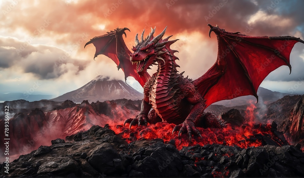 giant red dragon on top of active volcano background from Generative AI ...