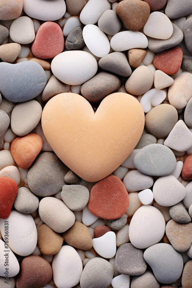 Heart-shaped pebbles arranged on a sandy beach, with waves in the ...