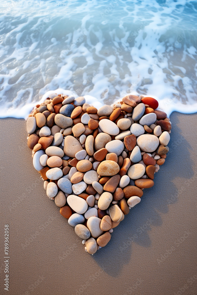 Heart-shaped pebbles arranged on a sandy beach, with waves in the ...