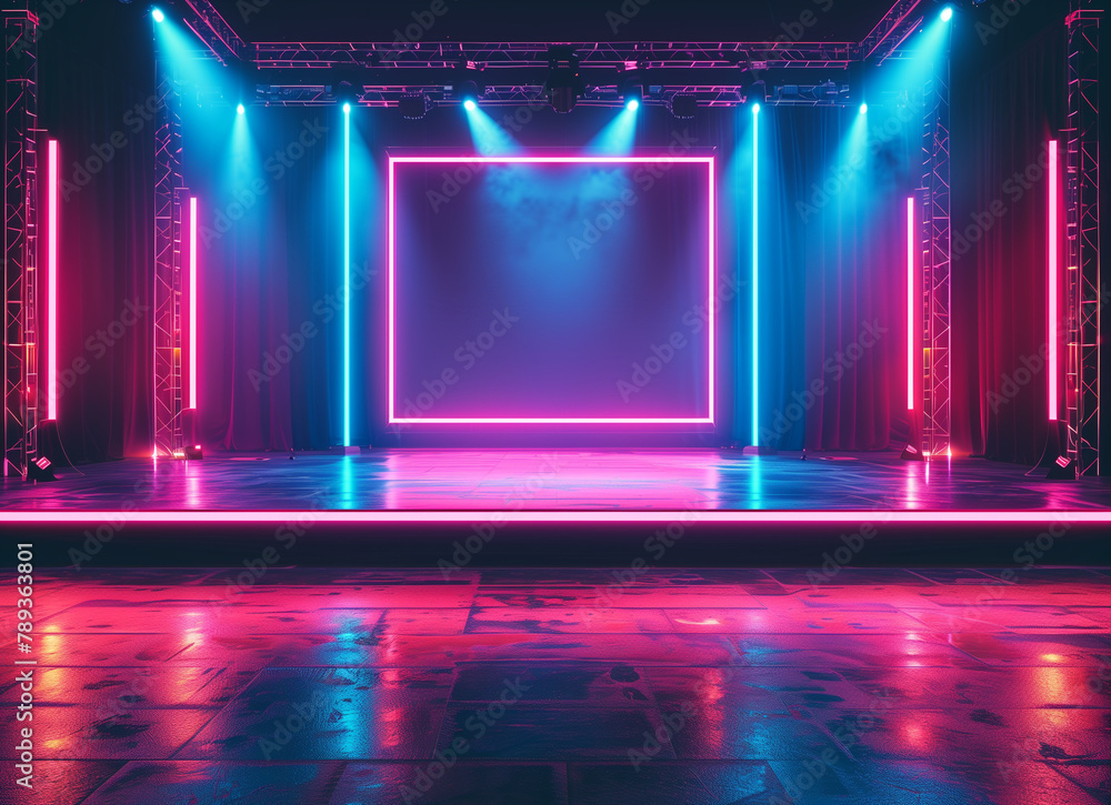 calm neon stage with lights and empty dance floor. The background is ...