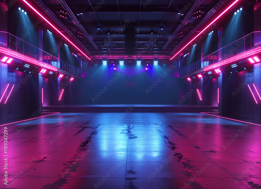 A big empty stage with neon lights, stage lighting and a dance floor ...