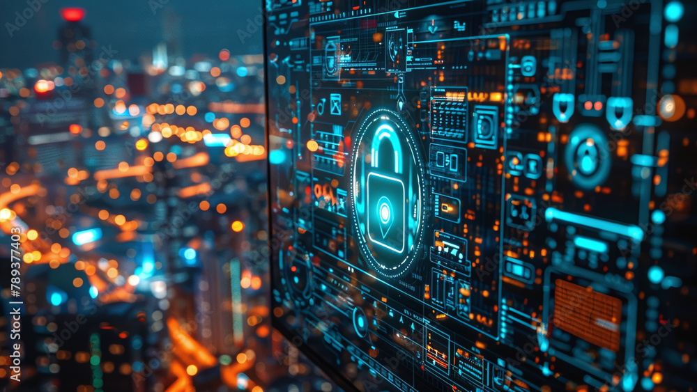 Network Protection: Computer Screen Featuring Bioluminescent Lock and ...