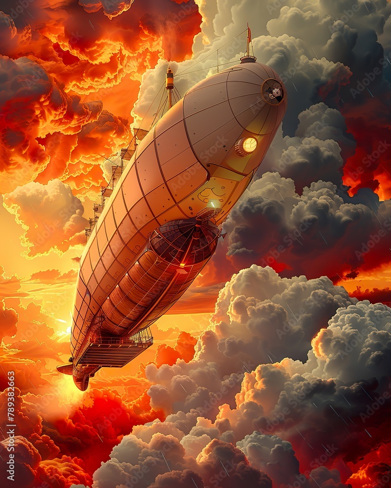 fantastical airship navigating a stormy sea of clouds, retro ...