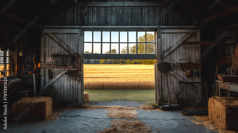 Inside a rustic barn, the open doors reveal a captivating view of ...