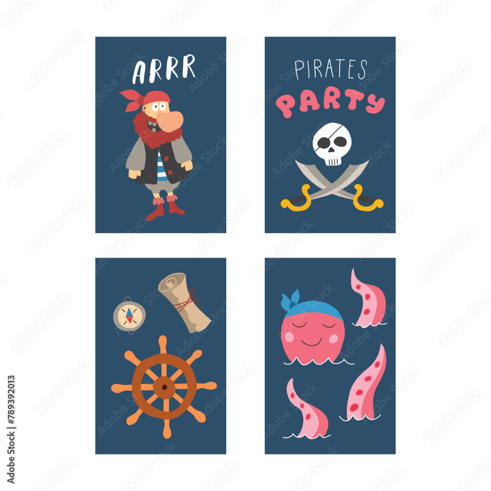 Cute Pirate cards set. Cartoon sea adventures cards collection. Vector ...