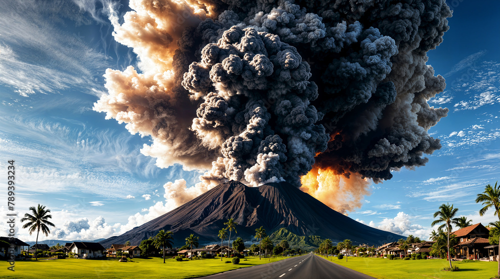 Unreal volcano erupting with high plumes of smoke and ash reaching into ...