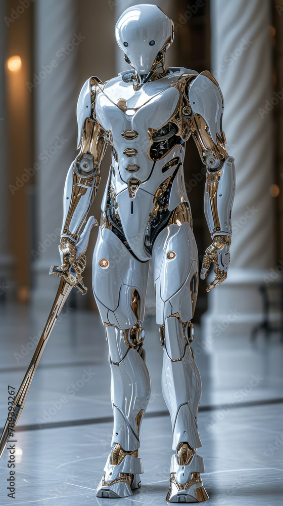 Futuristic golden robot warrior in white armor standing in a room with ...
