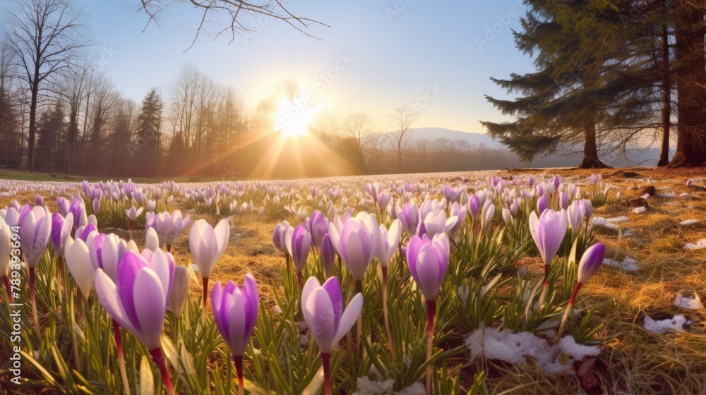 Beautiful panorama of blooming spring meadow landscape, with spring ...