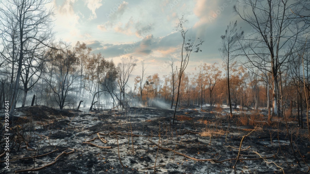 A burned landscape slowly recovering with new growth and regenerating vegetation after a forest ...
