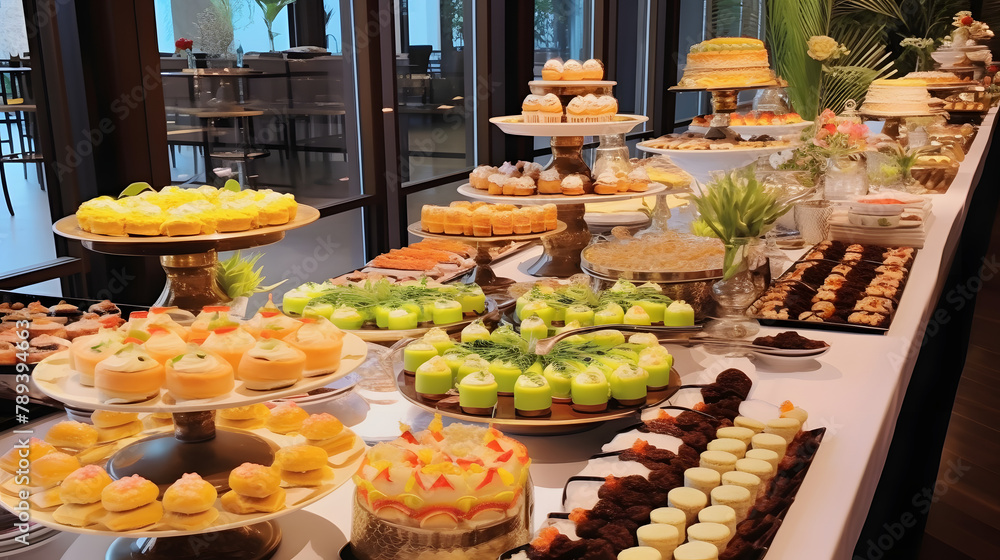 Buffet, dessert table, on the table are cakes, red date cakes, radish ...