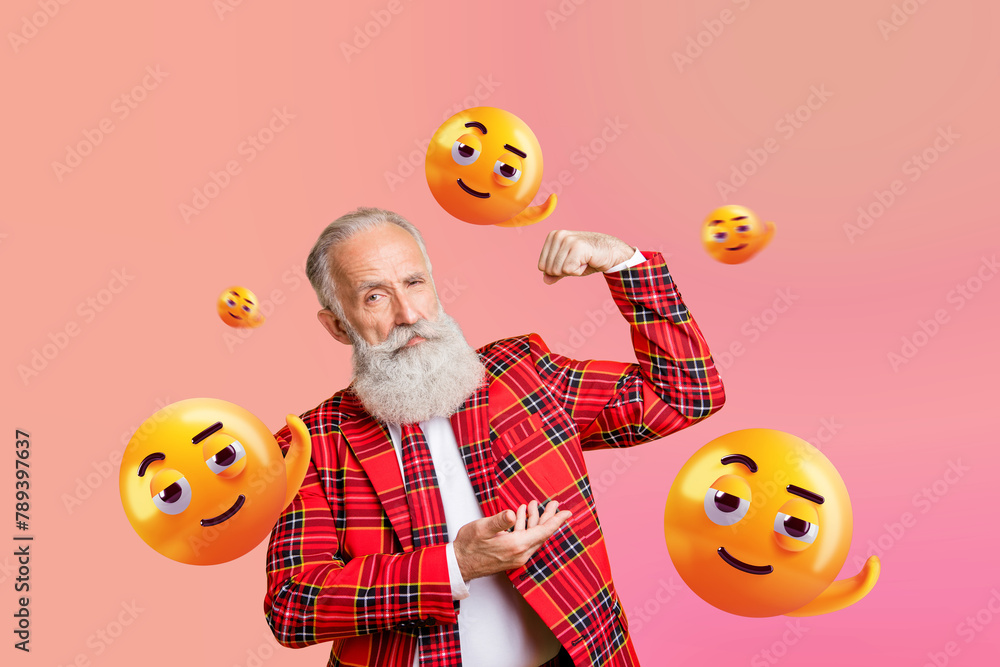 Creative picture collage senior man grandfather showing arm muscles ...