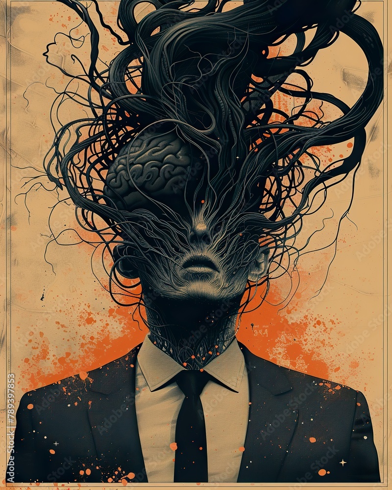 ภาพประกอบสต็อก A man in a suit with a tangled brain, manipulated by ...