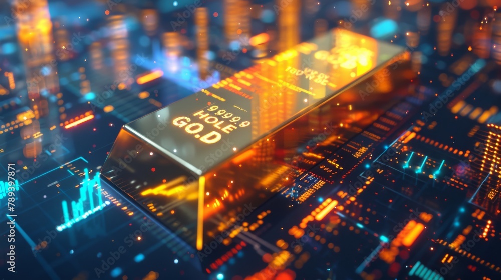 A gold bar graphically overlaid with market indicators and economic ...