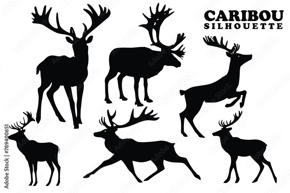 Caribou silhouette collection. Set of black Caribou silhouette. Caribou silhouette set. Stock ...