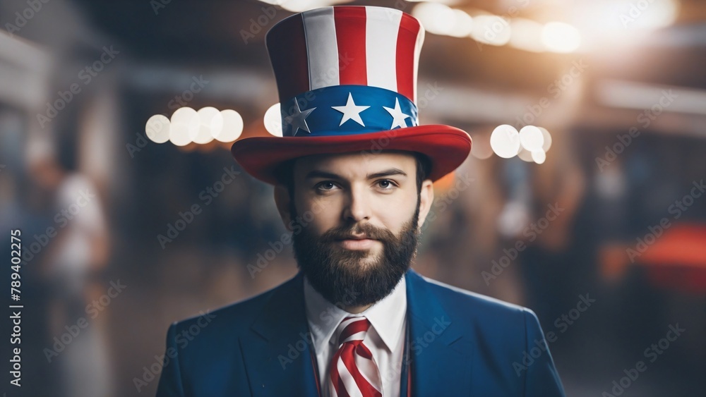 White Male with Brown Hair and Beard Dressed as Uncle Sam for the 4th ...