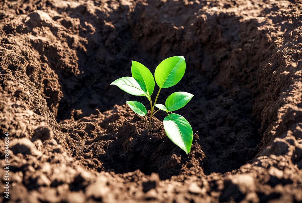 Young tree sapling lies at dug hole next to shovel and is ready to ...