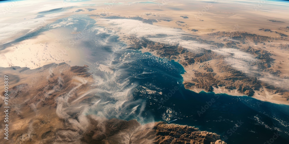 The ocean, country, and aerial map of Earth shows terrain, environment ...