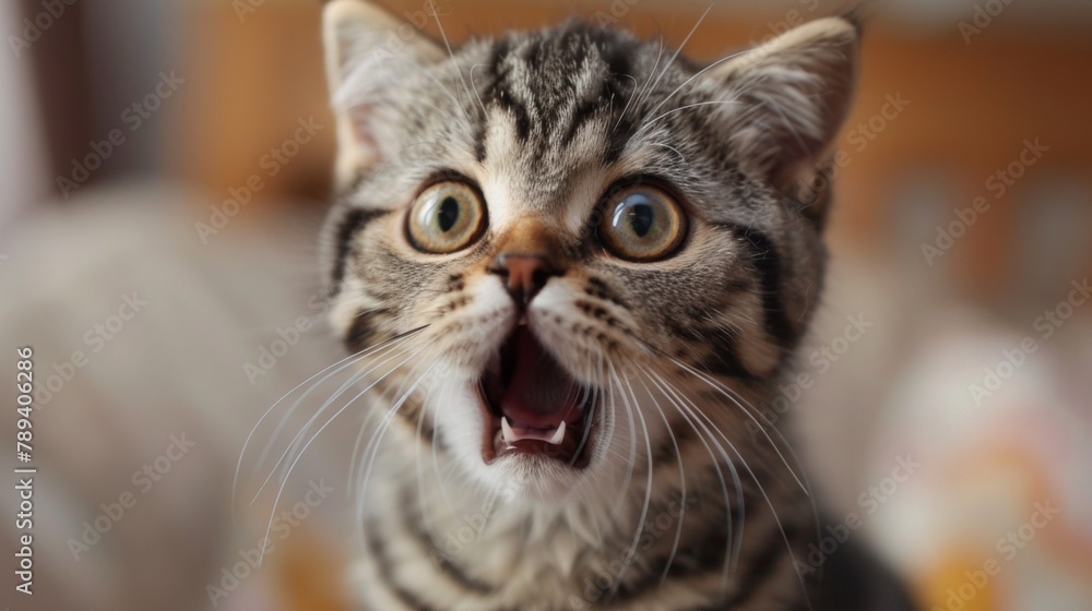 Young crazy surprised cat make big eyes closeup. Scottish fold cat ...