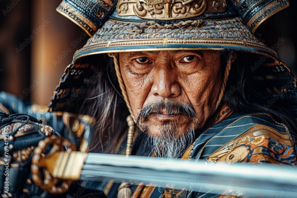 A striking portrait of a samurai warrior in traditional armor with an ...