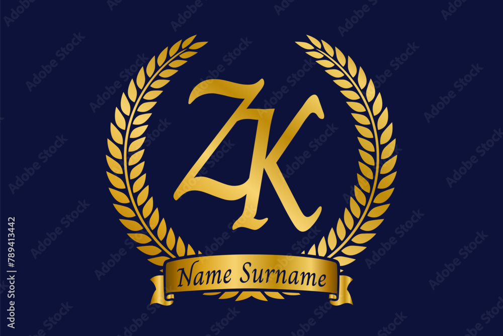 Initial letter Z and K, ZK monogram logo design with laurel wreath ...