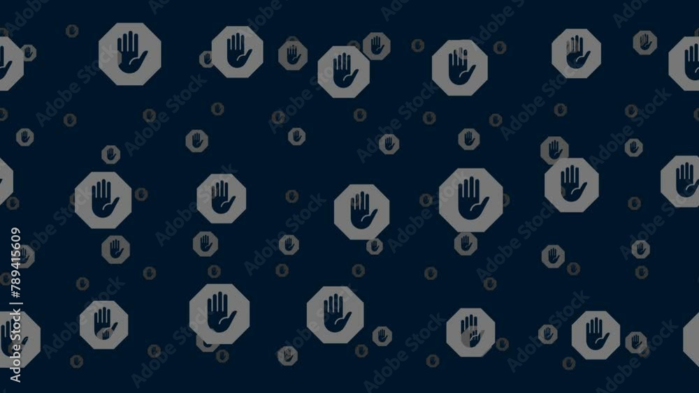 Stop hand symbols float horizontally from left to right. Parallax fly effect. Floating symbols ...
