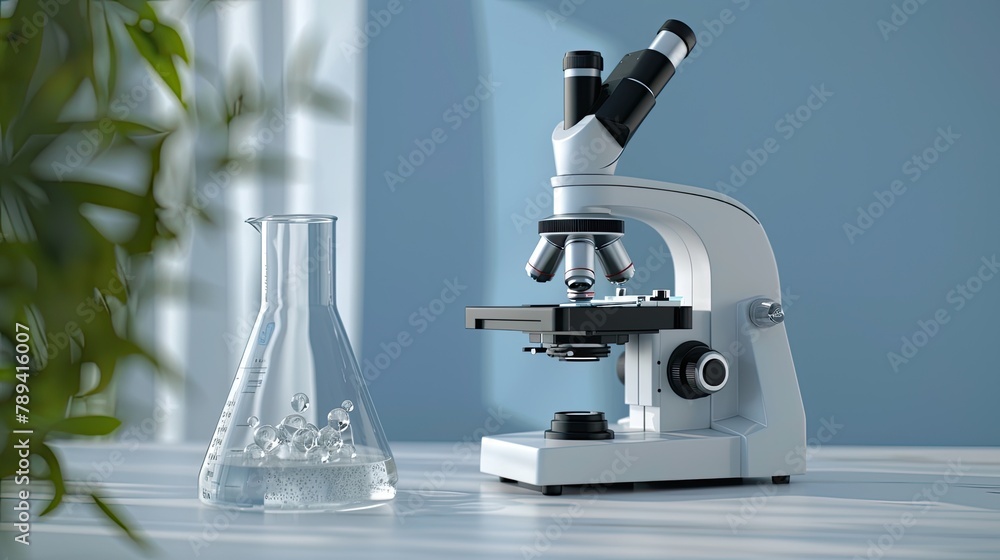 Microscope standing on workplace of modern scientist or clinician with ...