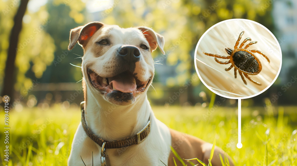 Pit bull terrier dog on a walk in the spring park and macro photo of a ...