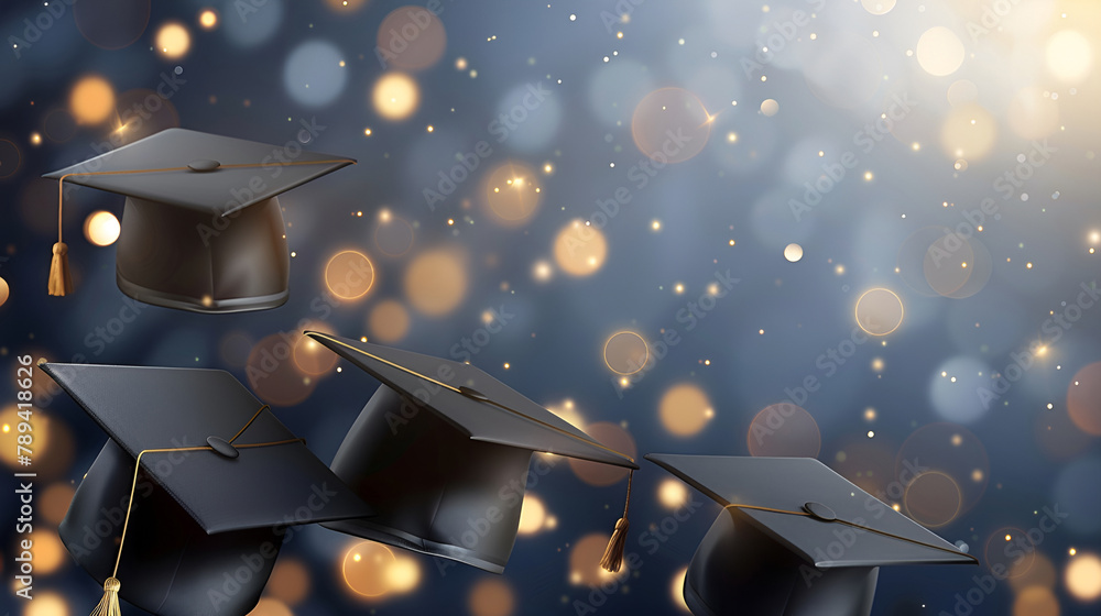 Graduation caps with gold tassels, on an elegant dark blue background ...