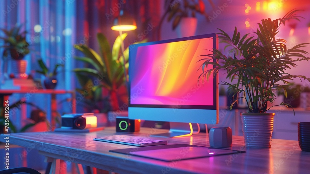 Magical and beautifully composed computer table in a vibrant setting ...