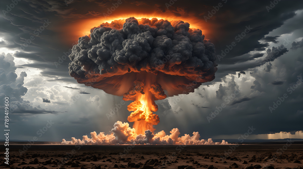 a massive mushroom cloud rising from a nuclear explosion, with an ...