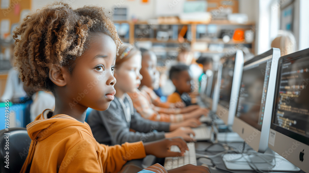 Elementary School Computer Science Classroom: Diverse Group of Little ...