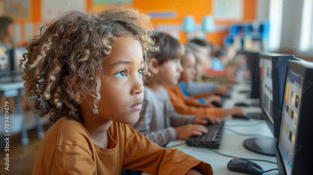 Elementary School Computer Science Classroom: Diverse Group of Little ...