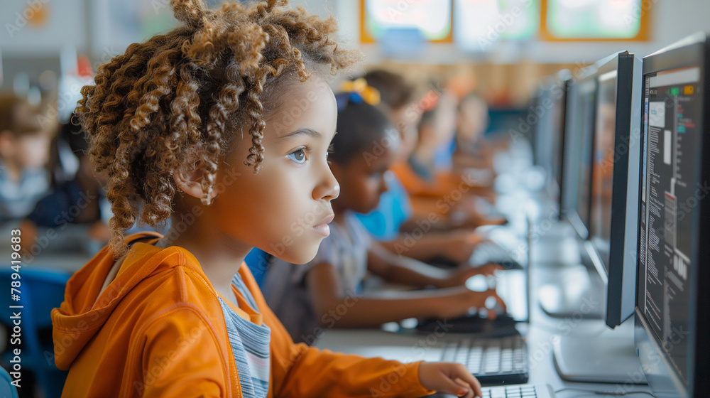 Elementary School Computer Science Classroom: Diverse Group of Little ...