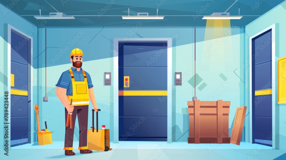 A cartoon corridor featuring an out-of-order elevator and a repairman ...
