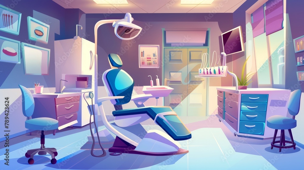This cartoon illustration depicts a dental office, a dentist's office ...