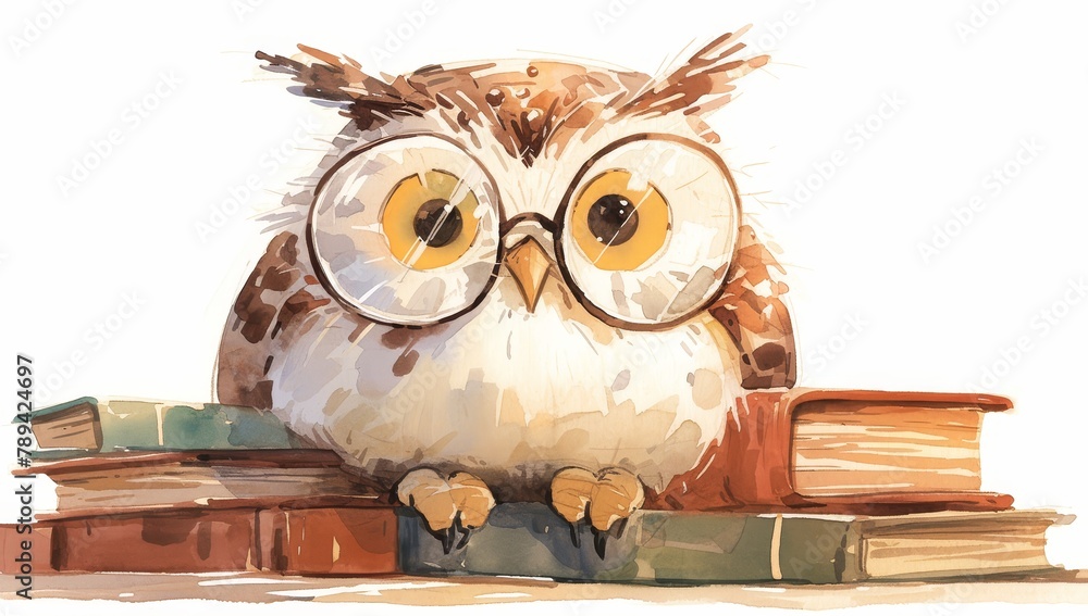watercolor cute owl with glasses sitting on top of pile colorful books ...